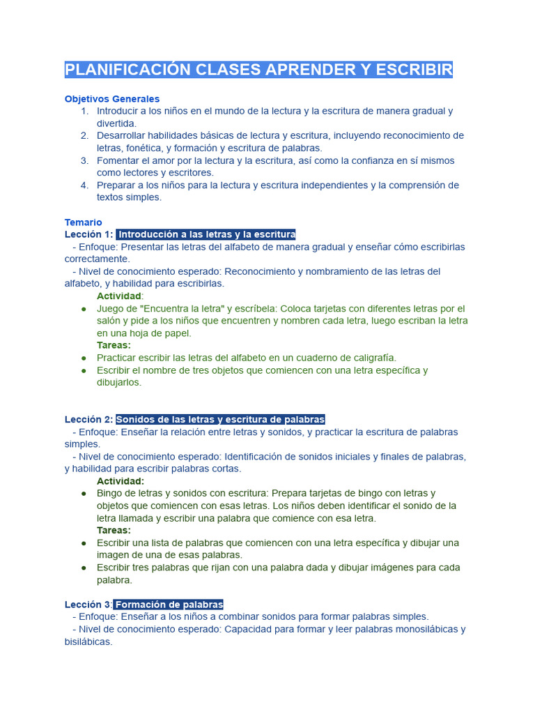 Planificación Clases Aprender y Escribir | PDF | Escritura | Modificación de comportamiento