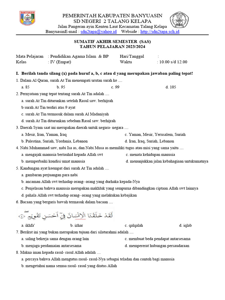 Soal Pas Pai Kelas Iv Kurmer | PDF | Agama & Spiritualitas