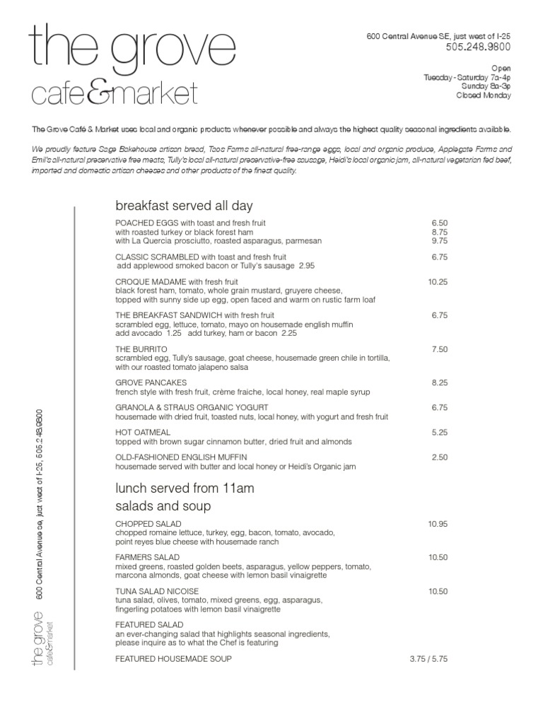 The Grove Menu | PDF | Sausage | Salad