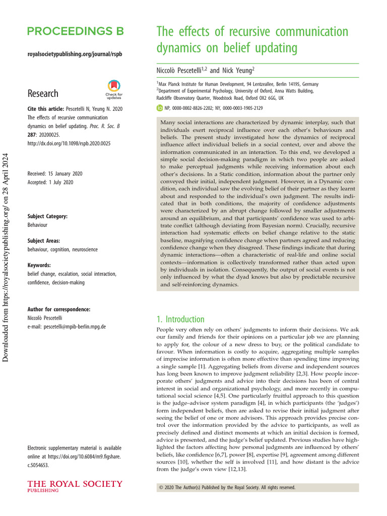 Pescetelli Yeung 2020 The Effects of Recursive Communication Dynamics On Belief Updating | PDF ...