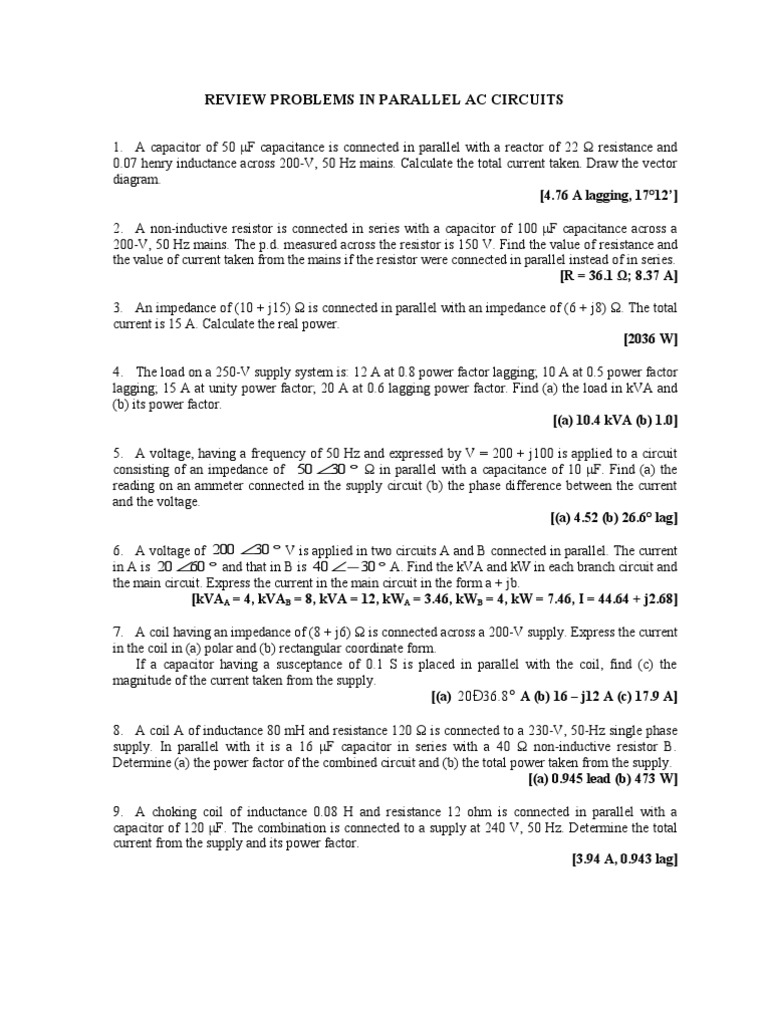 Review Problems in Parallel AC Circuits | PDF | Series And Parallel ...