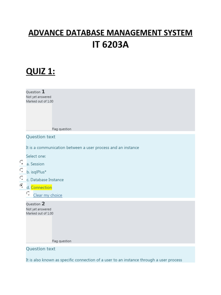 Toaz - Info Quiz 1 Advance Database Management System PR | PDF | Databases | Database Transaction
