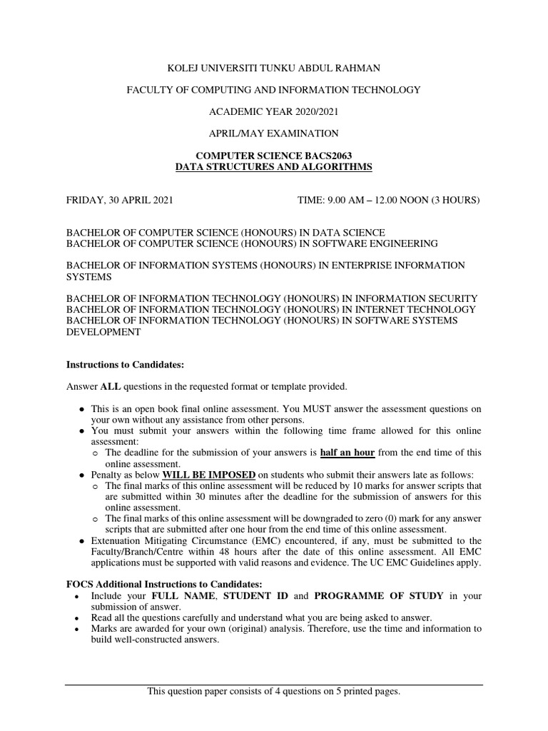 BACS2063 2021-Apr Final Exam Question Paper | PDF | Class (Computer ...