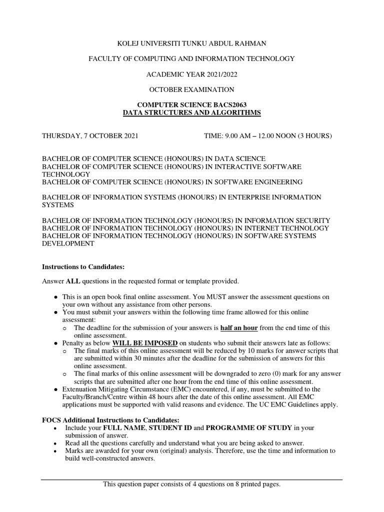 BACS2063 2021-Oct Final Exam Question Paper | PDF | Queue (Abstract Data Type) | Computer ...
