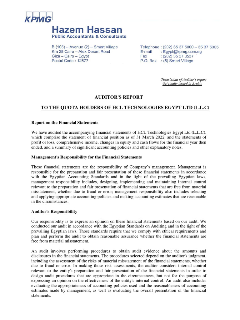 59 Hcl Technologies Egypt Limited Auditors Report English Pdf