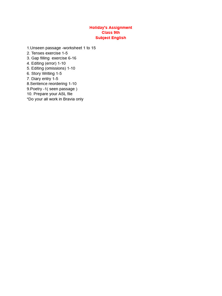 English Class 9 Holiday's Homework | PDF