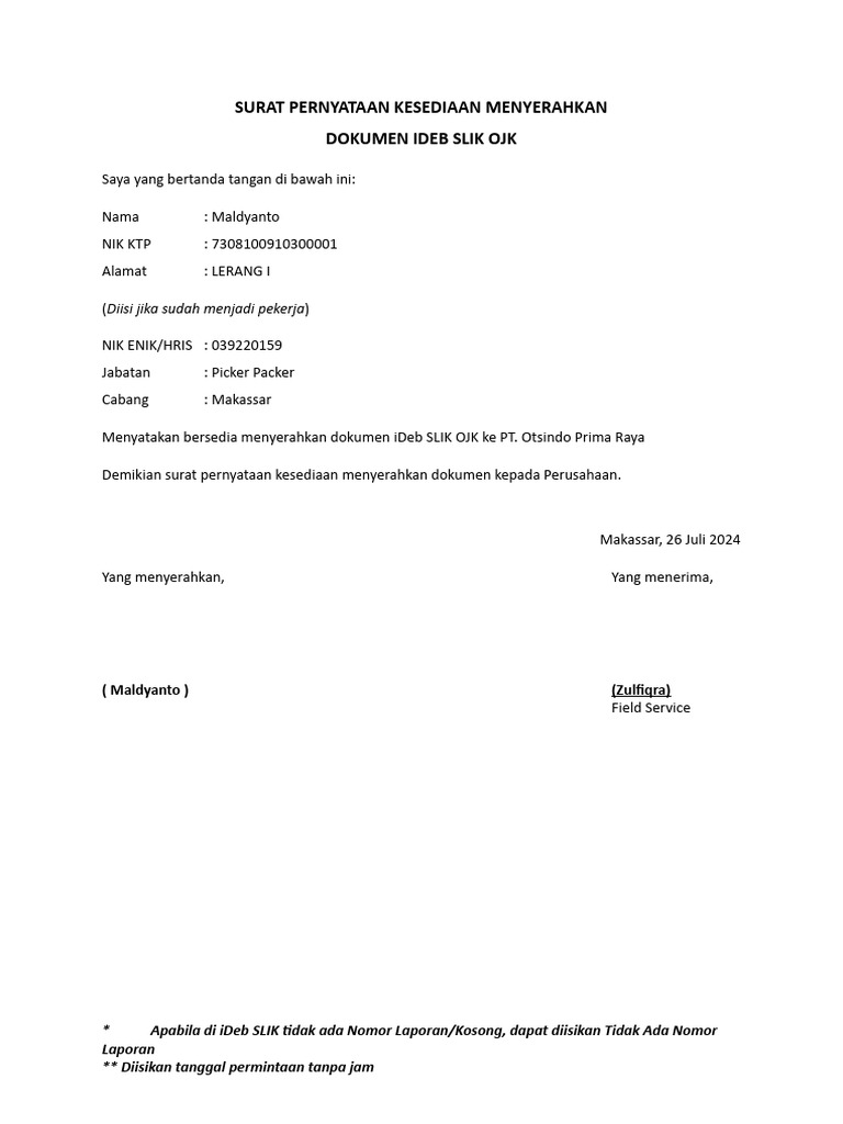 Surat Pernyataan Kesediaan Menyerahkan Dokumen Ideb Slik Ojk | PDF ...