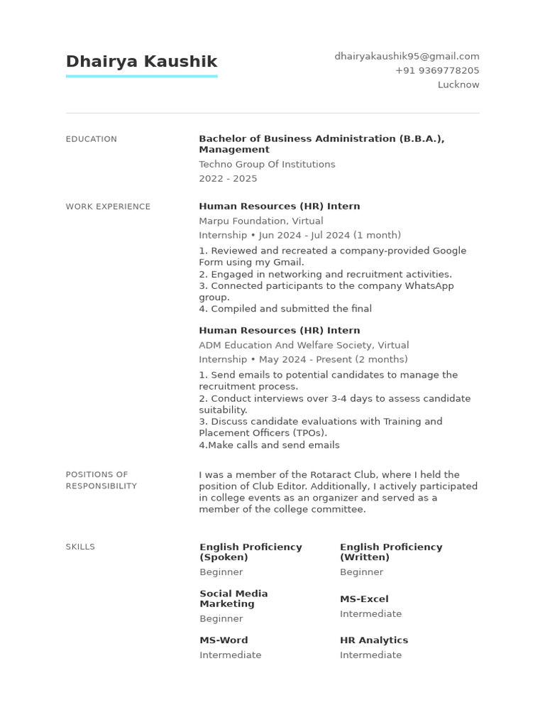 DhairyaKaushik InternshalaResume-1 | PDF | Career & Growth