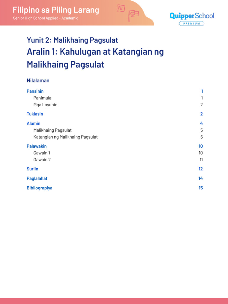 SG - FPL 11 - 12 Q1 0201 - Kahulugan at Katangian NG Malikhaing Pagsulat | PDF