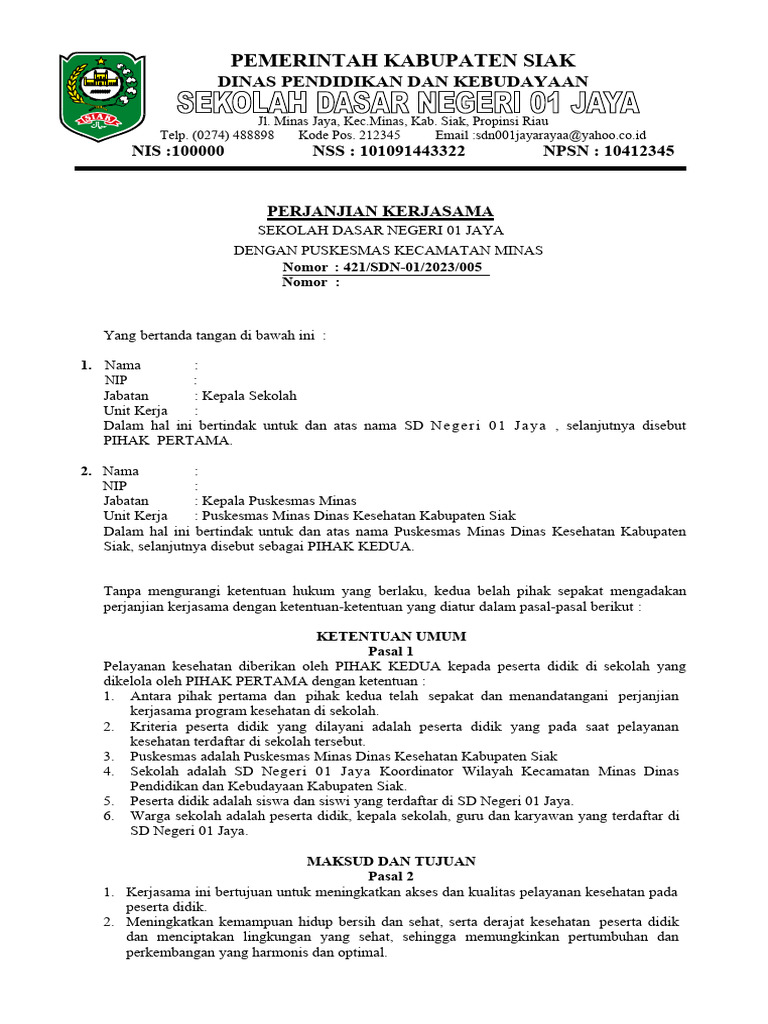 Perjanjian Kerjasama Puskesmas (Mou) 2023 | PDF