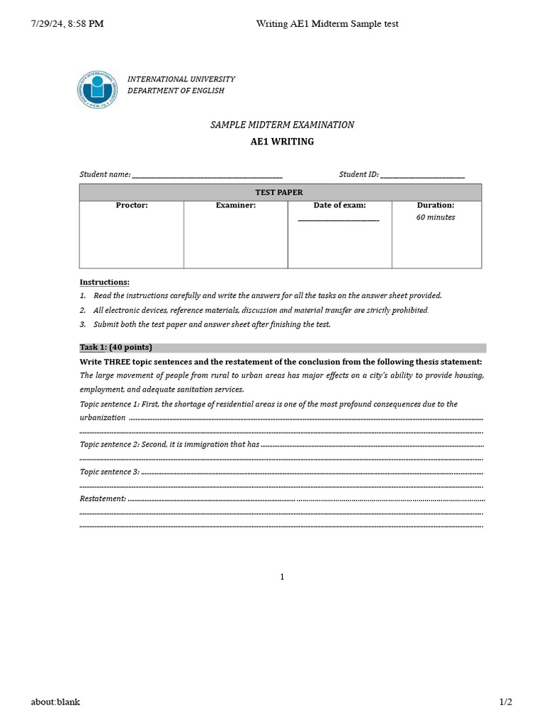 AE1 Writing Midterm Exam Sample | PDF