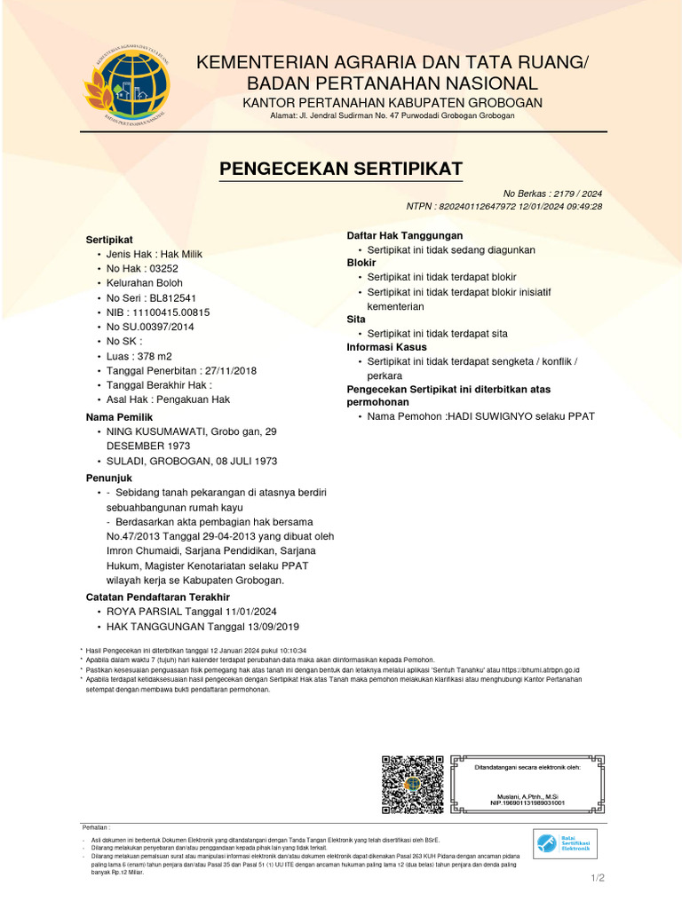 Pengecekan Sertifikat Tanah Grobogan | PDF