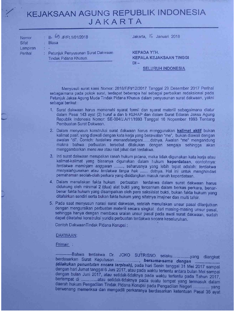 SEJAMPIDSUS 2018 B-69 Petunjuk Penyusunan Surat Dakwaan Tindak Pidana Khusus | PDF