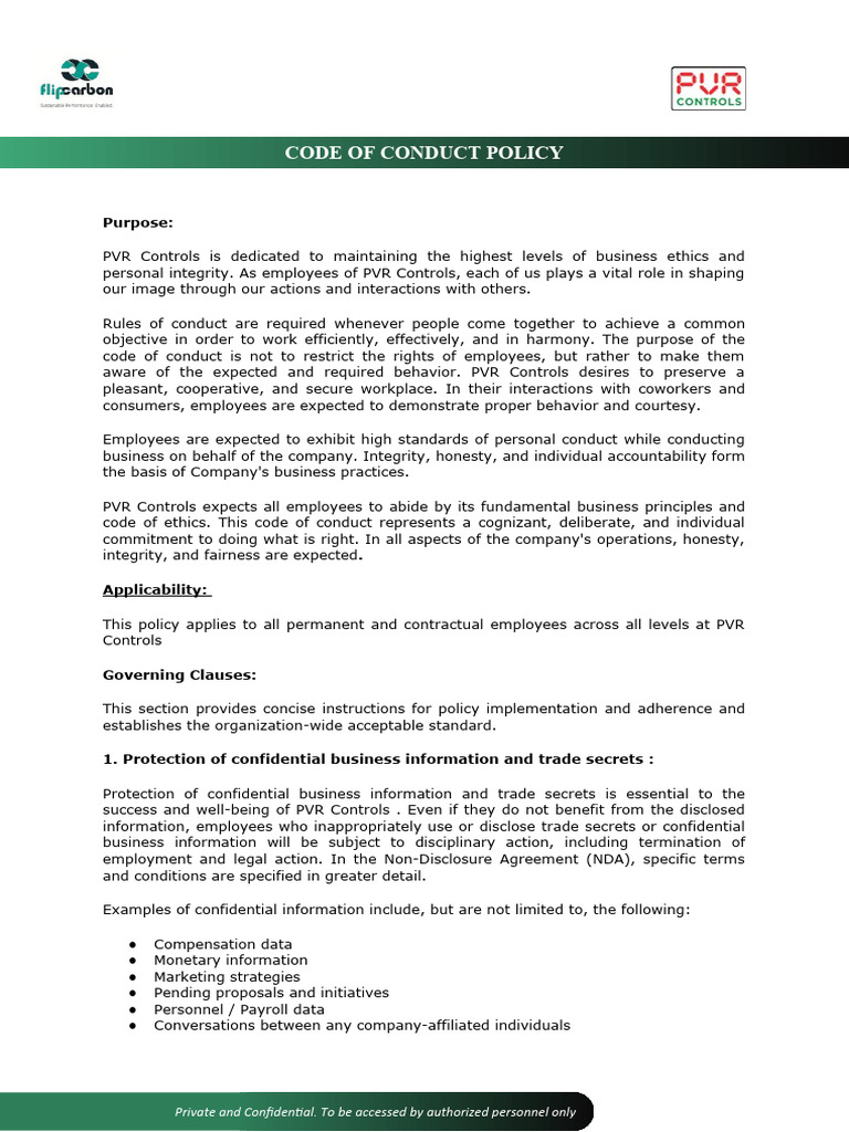 PVR Controls Code of Conduct Policy | PDF | Business Ethics | Non ...