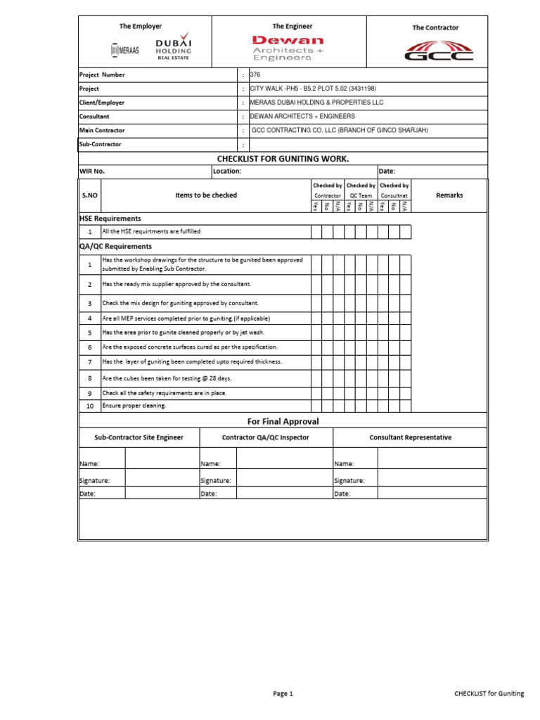 CHECKLIST For Guniting | PDF | Consultant | Business
