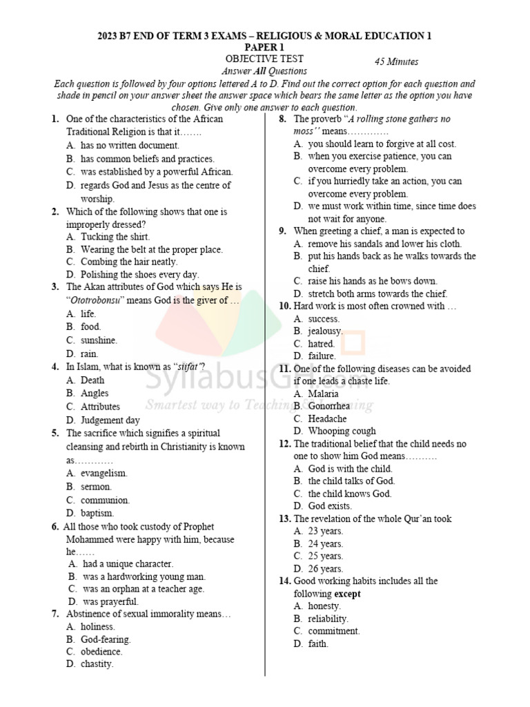 2023 B7 End of Term 3 Exams - RME 1 | PDF | Chastity | God