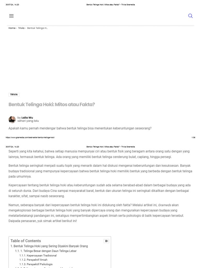 Bentuk Telinga Hoki - Mitos Atau Fakta - Trivia Gramedia | PDF