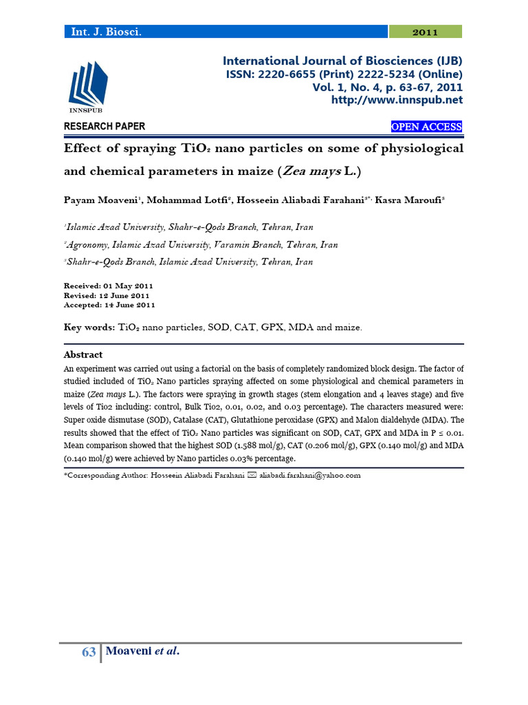 Effect of Spraying TiO2 Nano Particles On Some of Physiological and ...