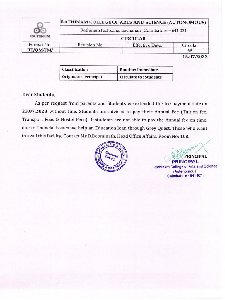 Circular No-38 - Fee Payment Date Extension | PDF