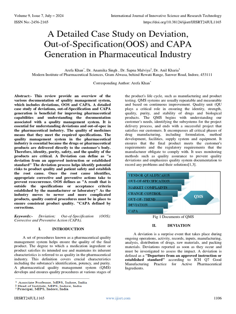 A Detailed Case Study On Deviation, Out-of-Specification (OOS) and CAPA Generation in ...