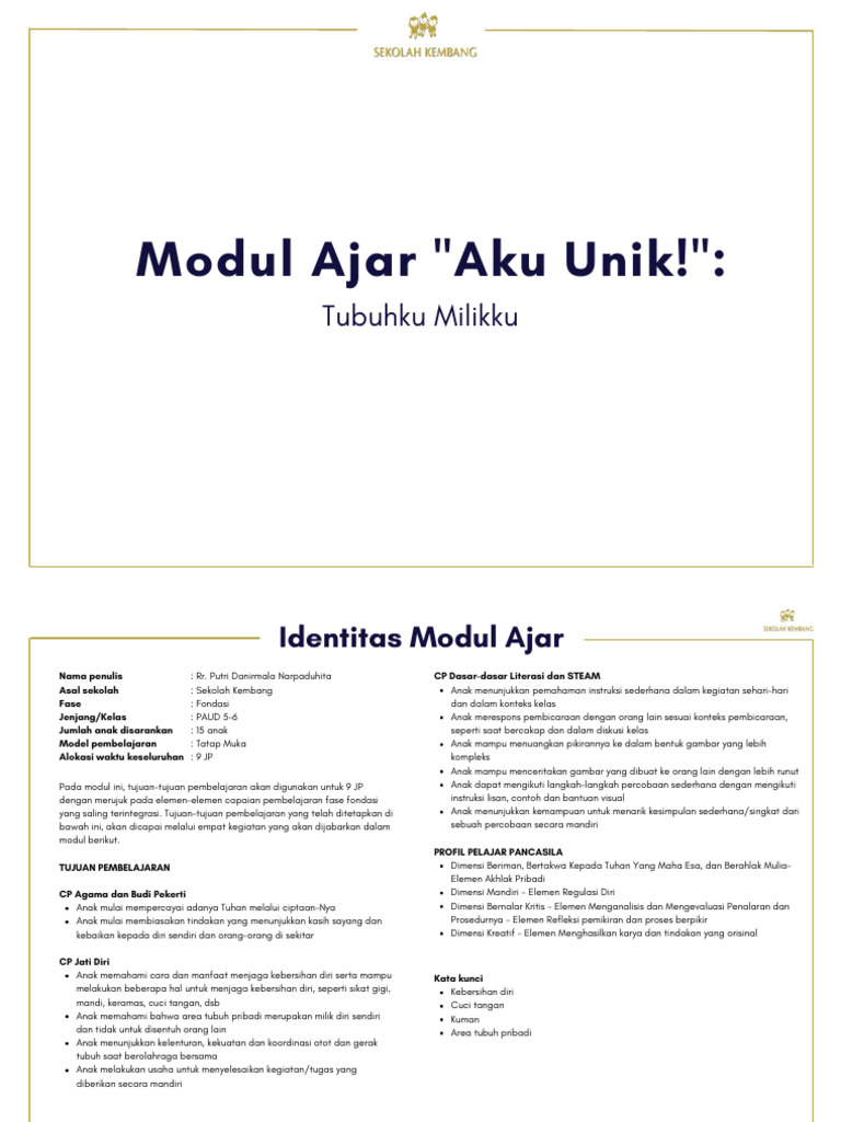 Modul Ajar PAUD - Modul Ajar - Aku Unik! - Tubuhku Milikku - Fase Fondasi | PDF