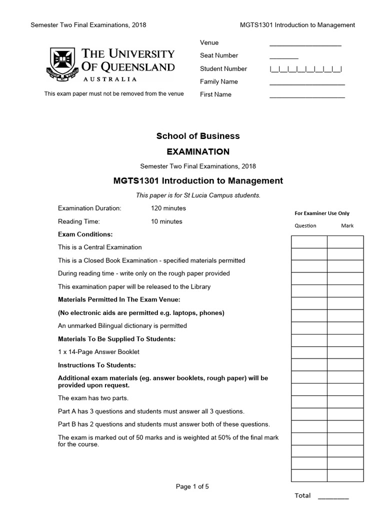 2018S1 Introduction To Management Final Exam | PDF