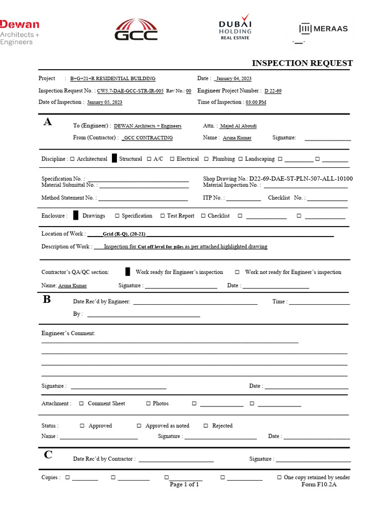 Inspection Request for RQ Cut Level | PDF | Engineering | Design