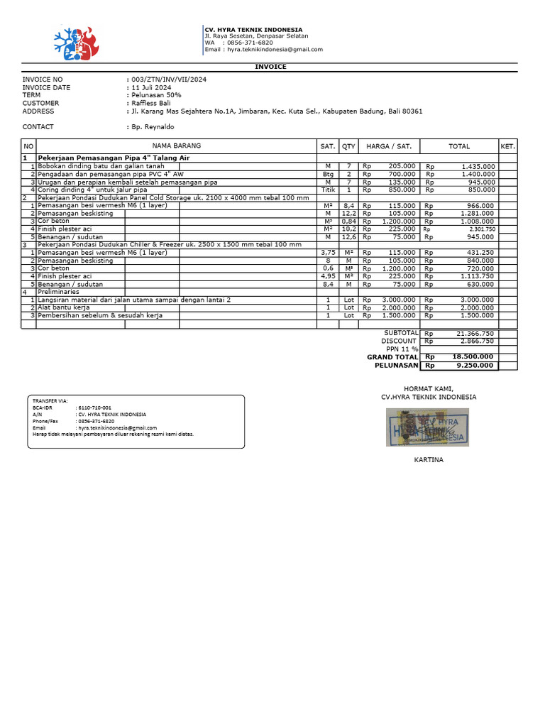 Invoice Sipil Raffles | PDF