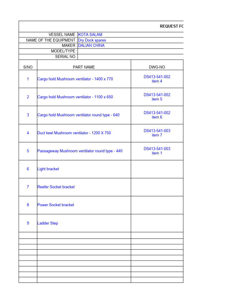 Non-BN Spares - KOTA SALAM (SAL-S-2024-1002) - Shore Fabricating | PDF | Freight Transport ...