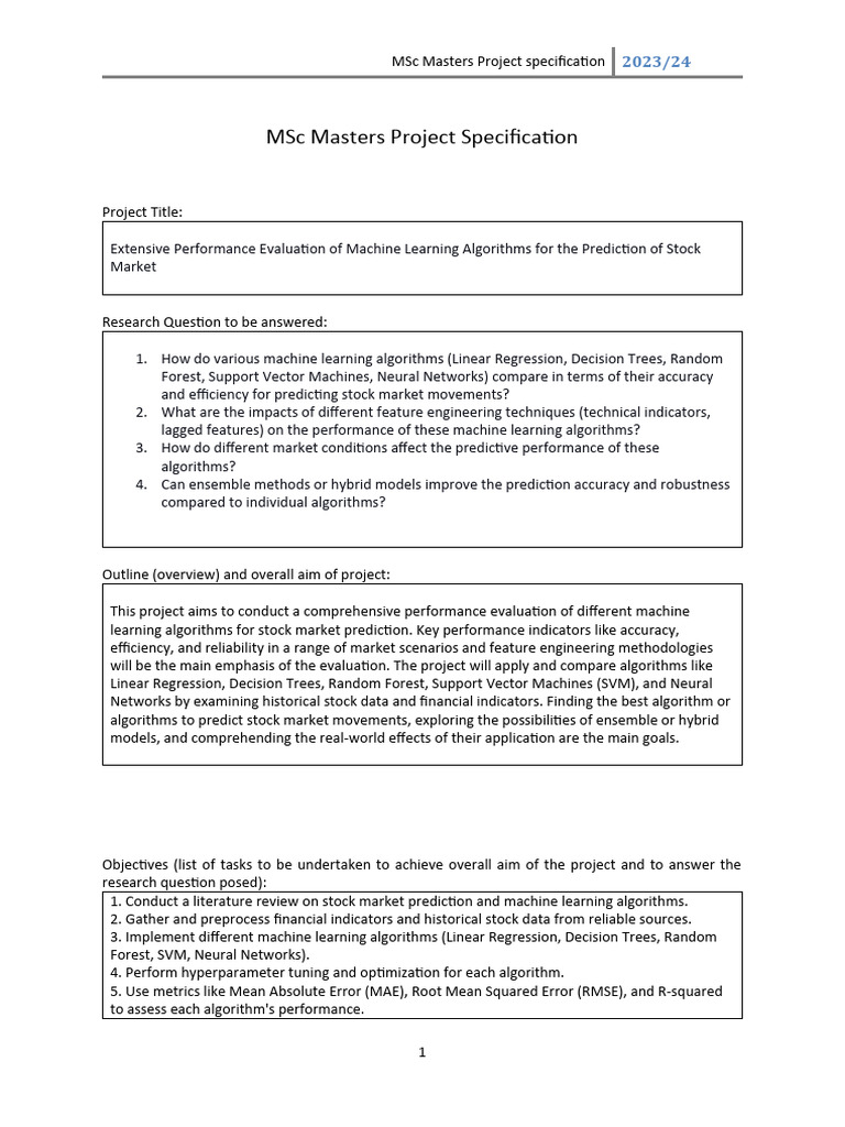 MSC Masters Project Specification Form 2023-24 | PDF | Machine Learning | Support Vector Machine