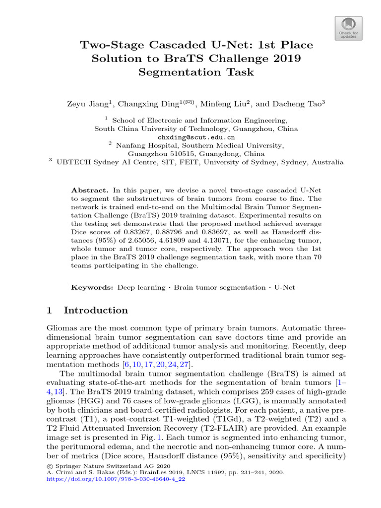 Two-Stage U-Net Wins BraTS 2019 | PDF | Image Segmentation | Cross Validation (Statistics)
