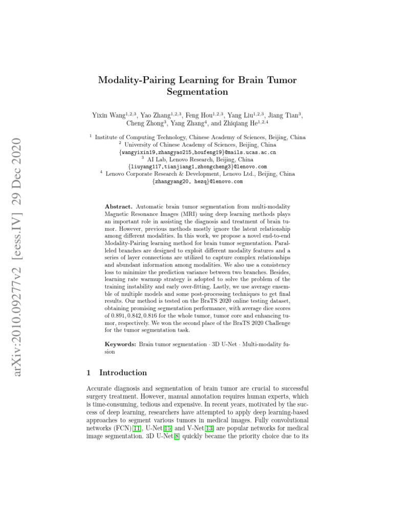 2020 - 2-Modality-Pairing Learning For Brain Tumor | PDF | Image Segmentation | Magnetic ...