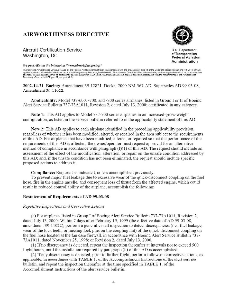 Faa - Ad 2002-14-24 | PDF