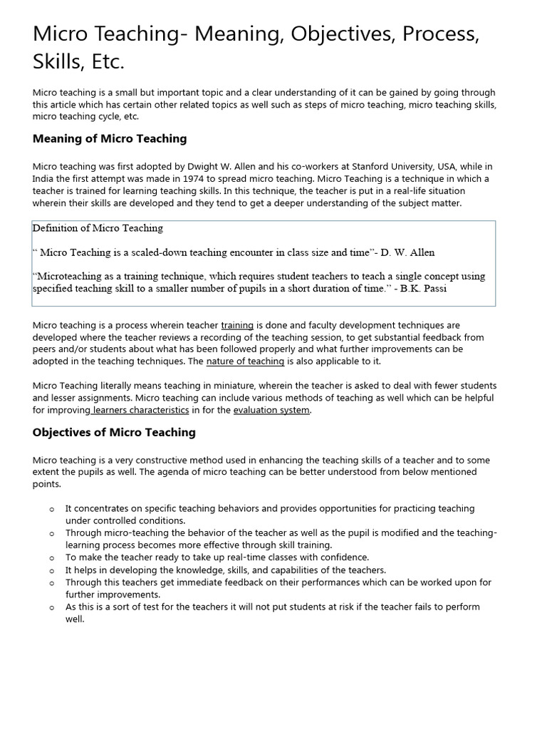 Micro Teaching | PDF | Teachers | Learning