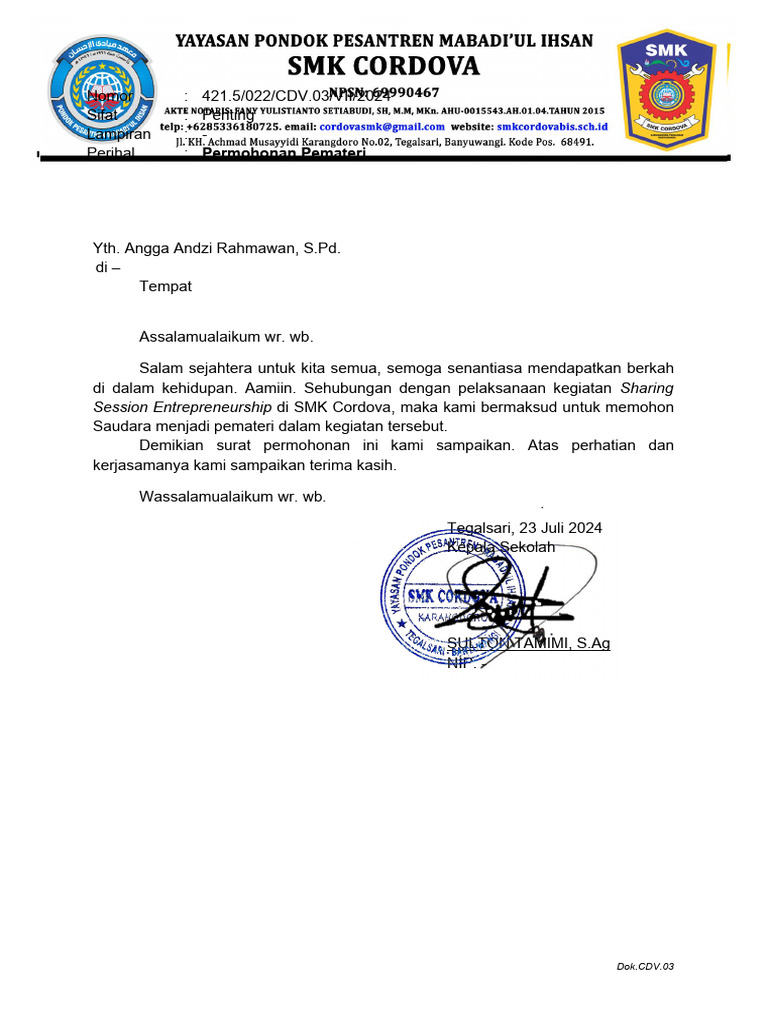 Surat Permohonan Pemateri Sharing Session | PDF