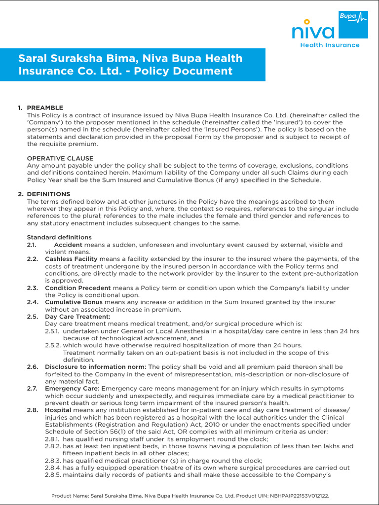 Saral Suraksha Bima - Policy Wording | PDF | Intensive Care Unit ...