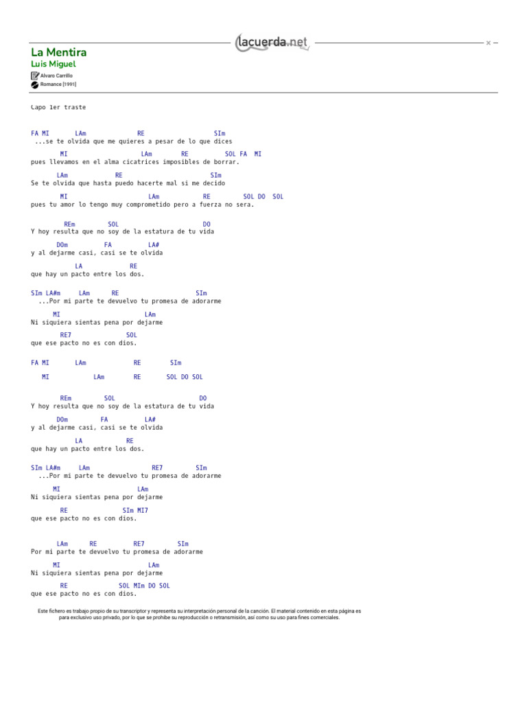 LA MENTIRA, Luis Miguel - Acordes | PDF