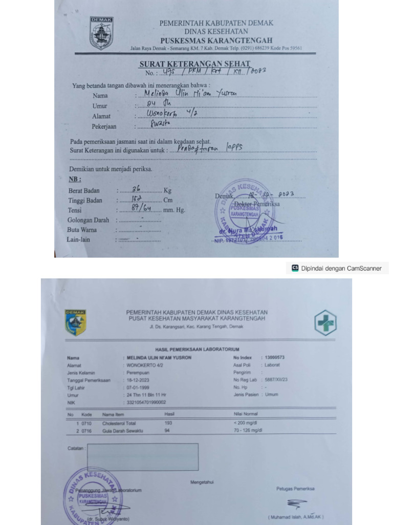 Surat Kesehatan Melinda Ulin Ni'am Yusron | PDF