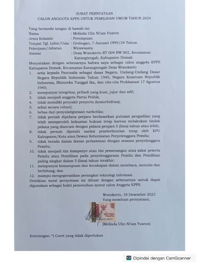 Surat Pernyataan Melinda Ulin Ni'am Yusron | PDF