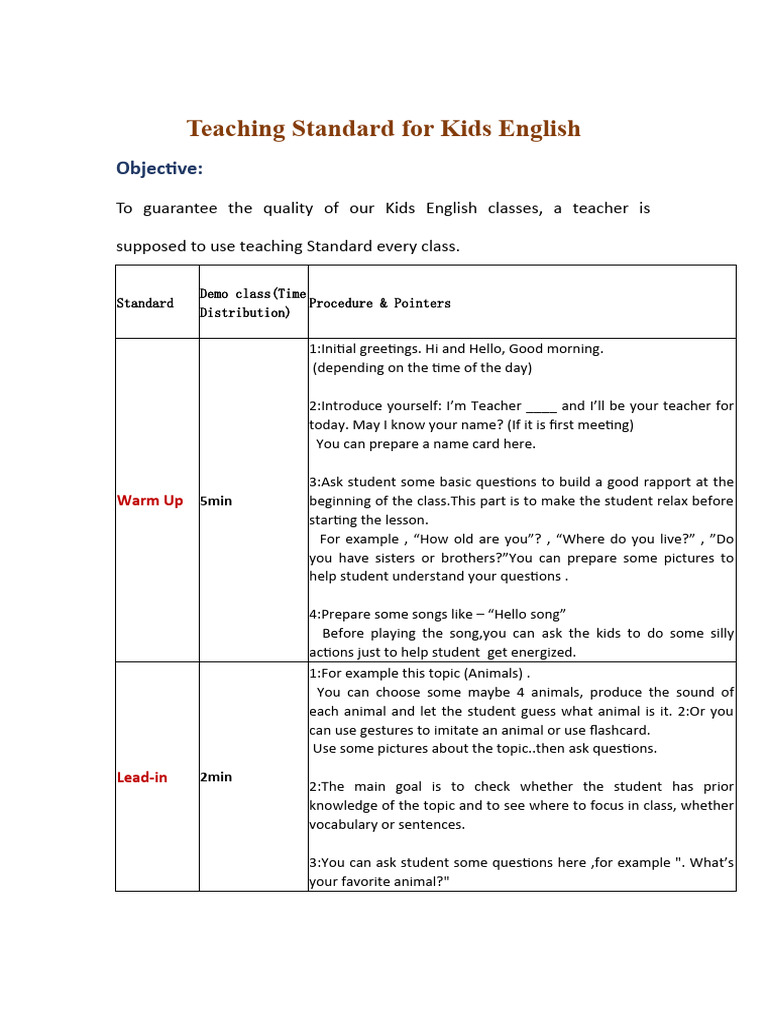 Teaching Standards For Kids English | PDF | Word | Question