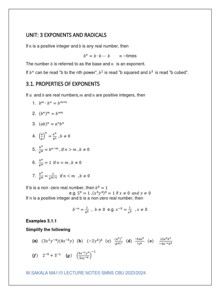 Unit3 Exponents and Radicals | PDF | Exponentiation | Mathematical Notation