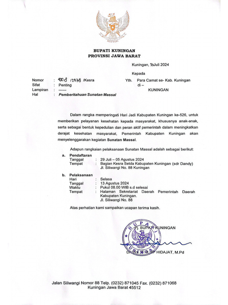 Pemberitahuan Sunatan Massal Rangkain Hari Jadi Kuningan Ke 526 | PDF