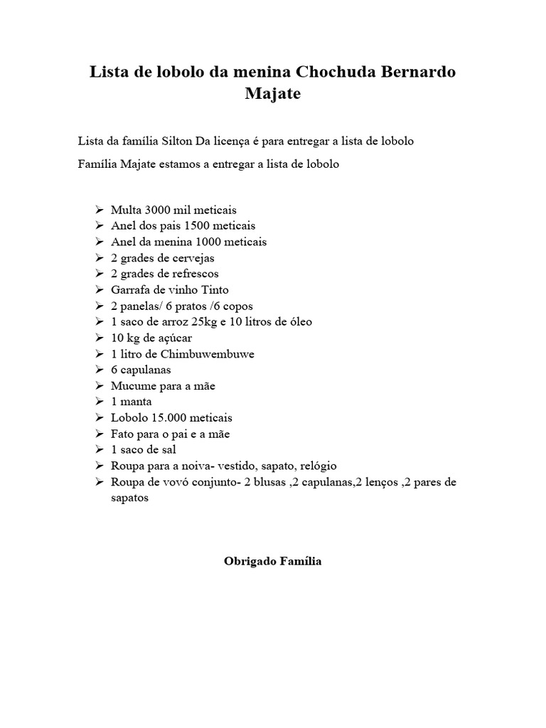 Lista de Lobolo da Família Majate | PDF | Gastronomia, comida e vinho ...