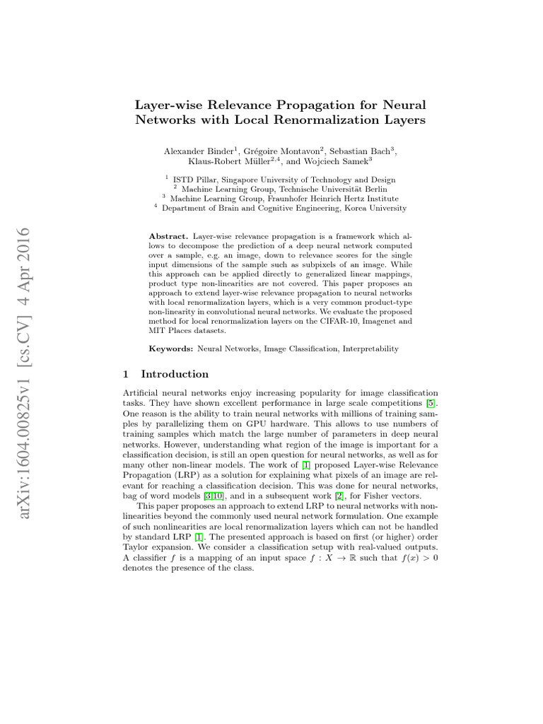 Layer-Wise Relevance Propagation For Neural Bach Et Al 2015 | PDF | Artificial Neural Network ...
