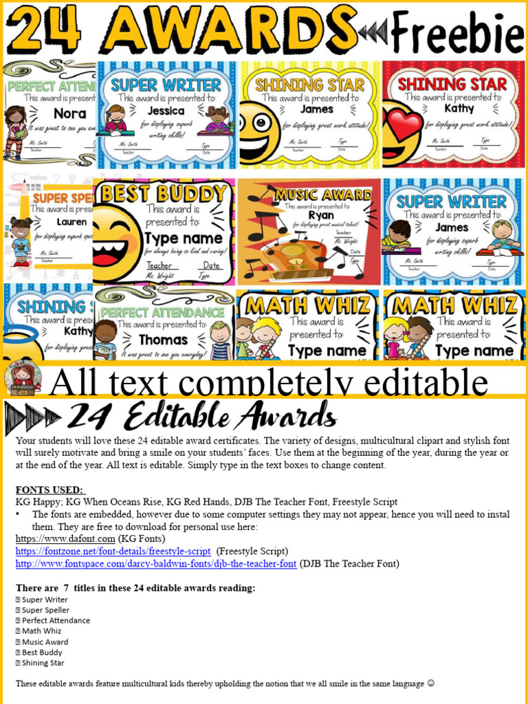 24 Editable Student Award Certificates | PDF