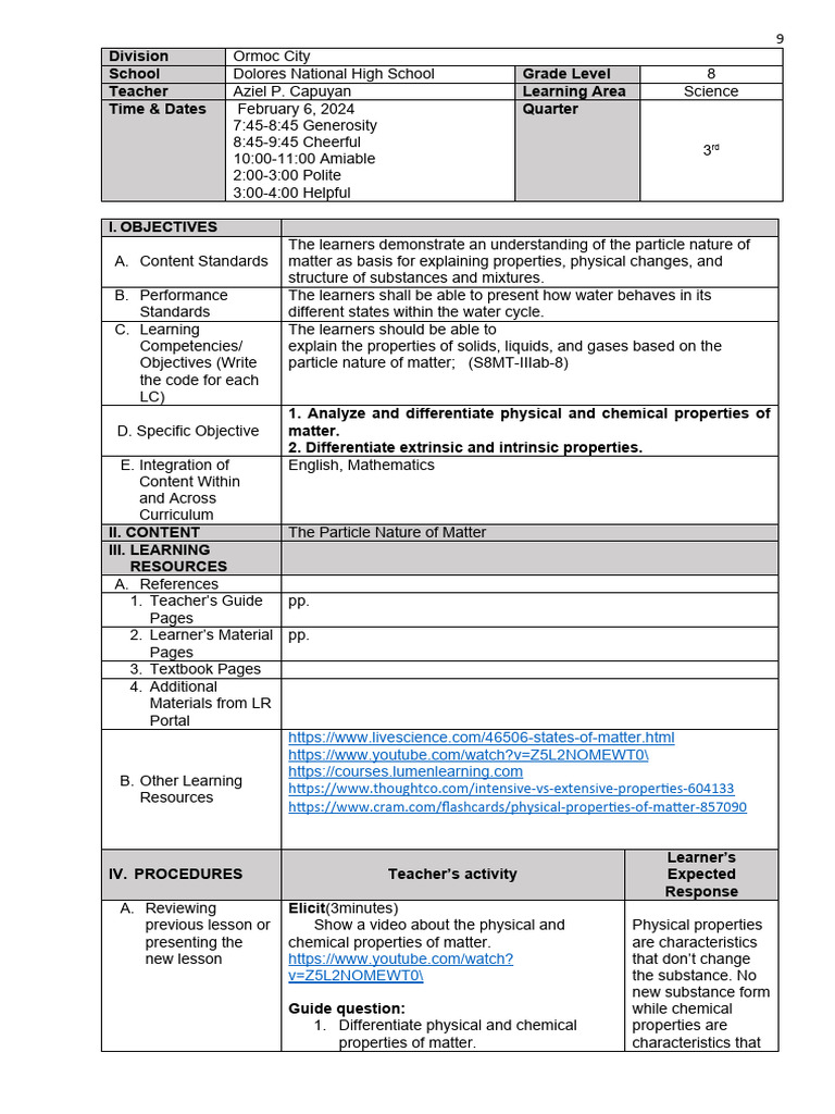 Daily Lesson Plan in Science 8 Quarter 3 DAY 2 | PDF | Matter ...