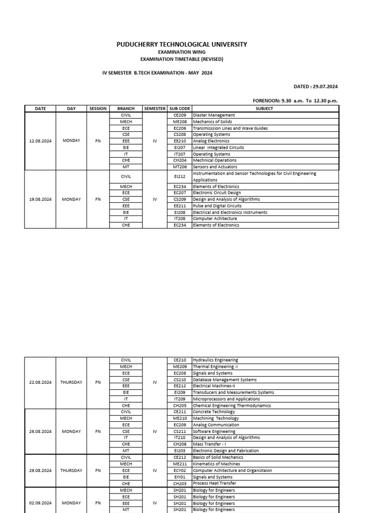 May2024 IV Sem Exam Time Table Ptu 29.7.24 | PDF | Electronic ...