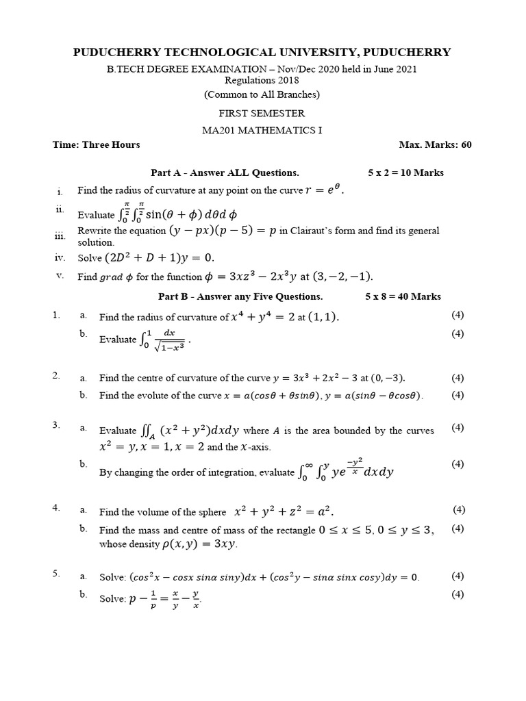 Ma201 Mathematics I-June2021 - QP | PDF | Equations | Mathematical Physics
