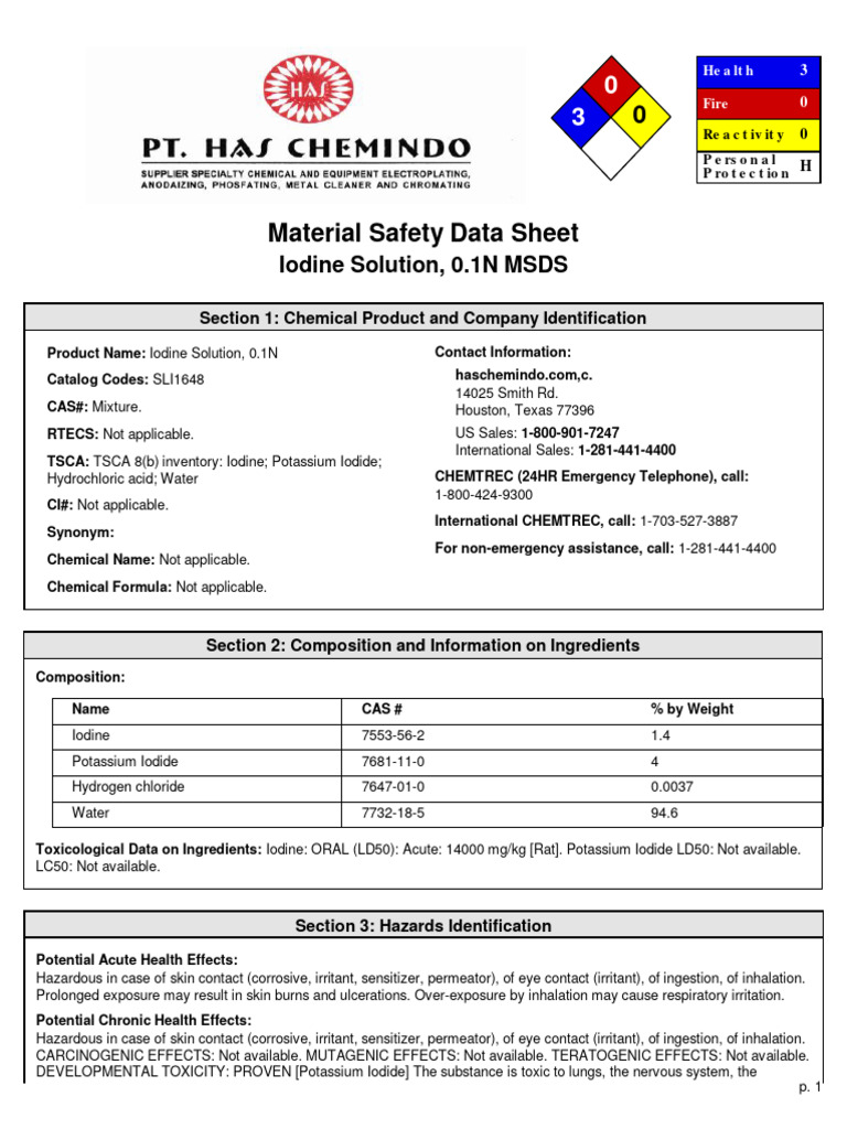 Msds Iodine 0.1 N | PDF | Iodine | Toxicity