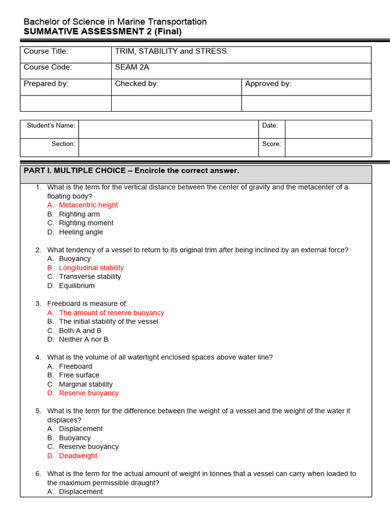 Summative Assessment 2 - Instructors | PDF | Buoyancy | Shipbuilding